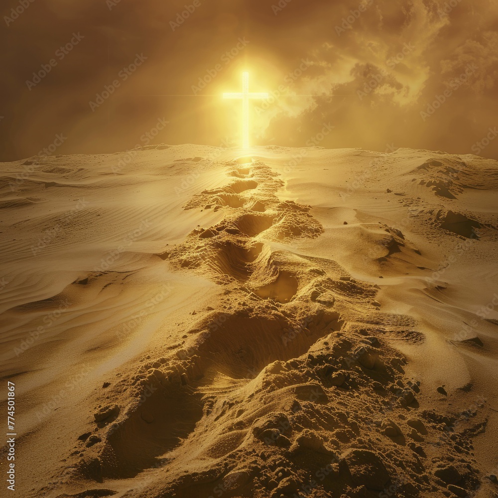 Sleek depiction of digital footprints leading to a radiant cross, on a ...