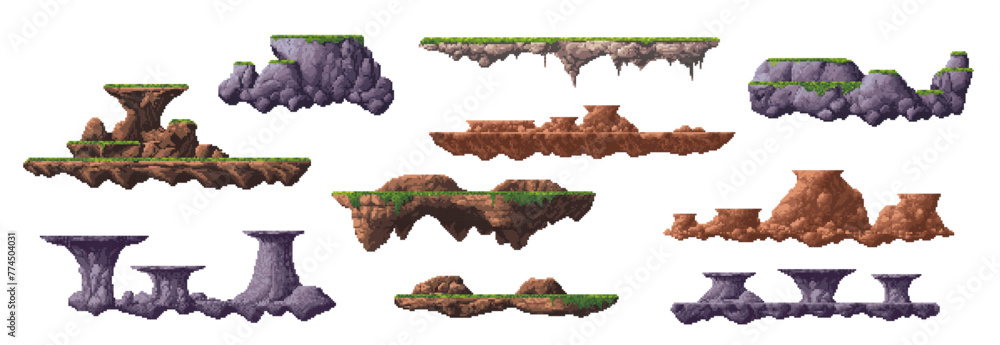 8 bit arcade pixel art game mountain and ground platforms, vector UI ...