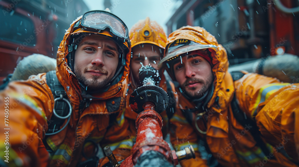 funny, friendly and happy firefighters with fire hydrant,generative ai ...