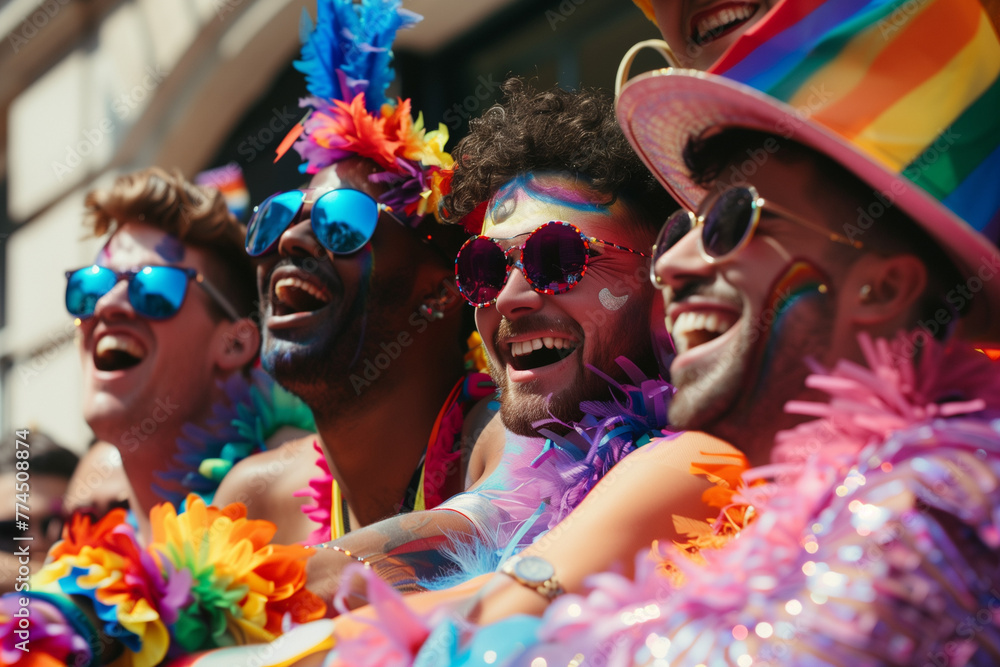 Gay men on a gay pride parade float, adorned in rainbow colors and ...
