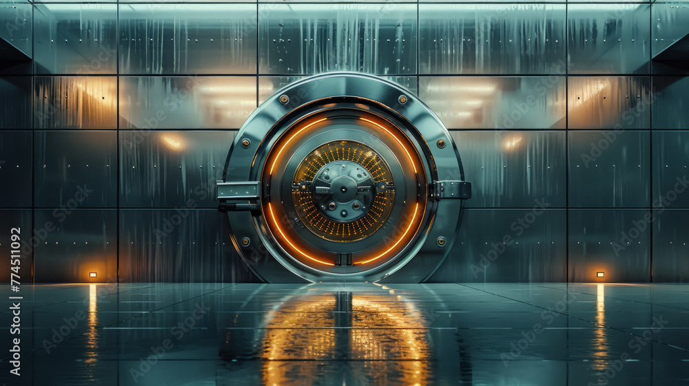 straight on view of a high tech closed locked bank vault, symmetry ...