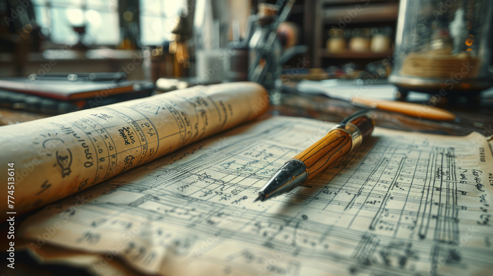 Graph paper with complex equations, schematic drawings, hand-drawn ...