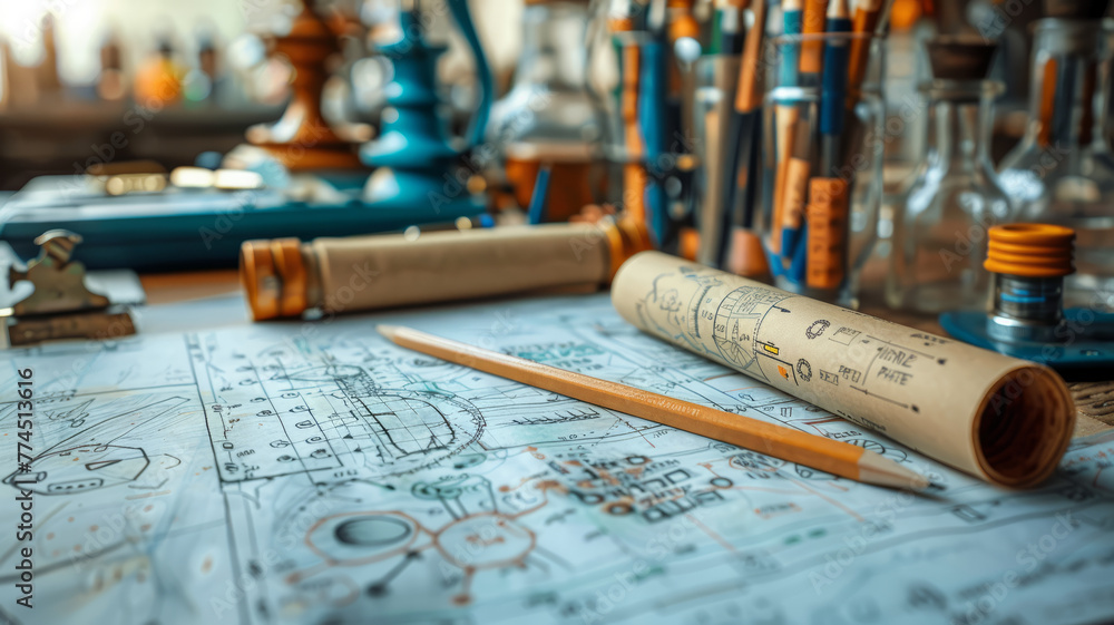 Graph paper with complex equations, schematic drawings, hand-drawn ...