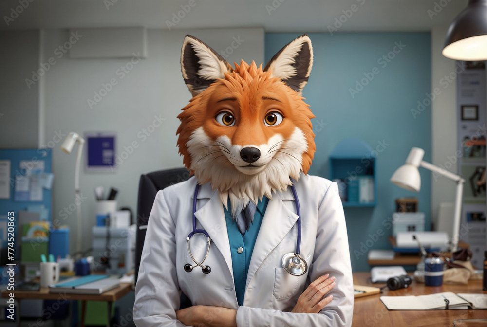A confident fox woman in a doctor’s attire stands in a well-equipped ...