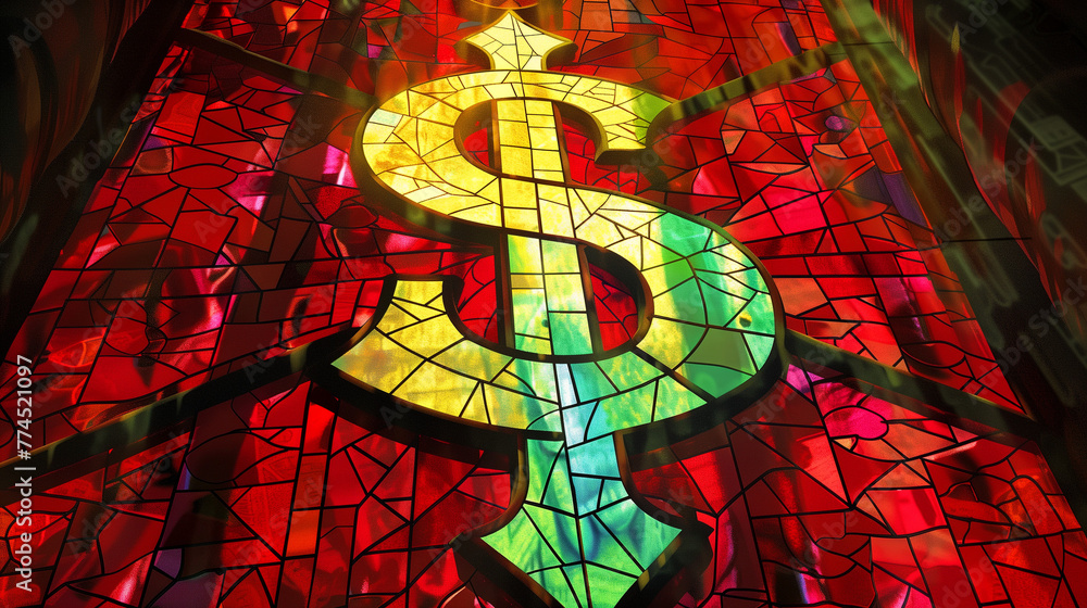 dollar symbol in a stained glass window of a church with red and yellow ...