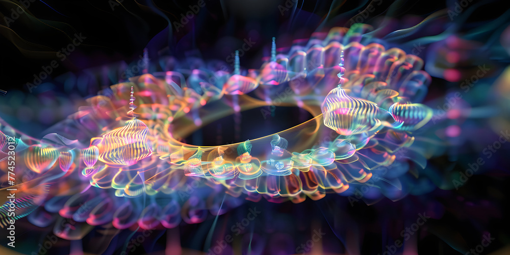 fractal background with glowing circles, Crystallographic structure of ...