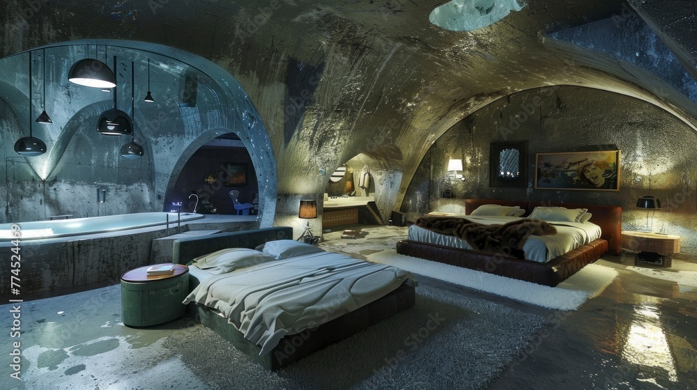 underground bunker with rooms and beds with bathroom and study room ...