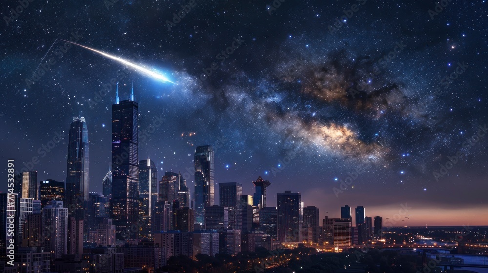 beautiful night view of the city of Los Angeles falling a meteorite ...