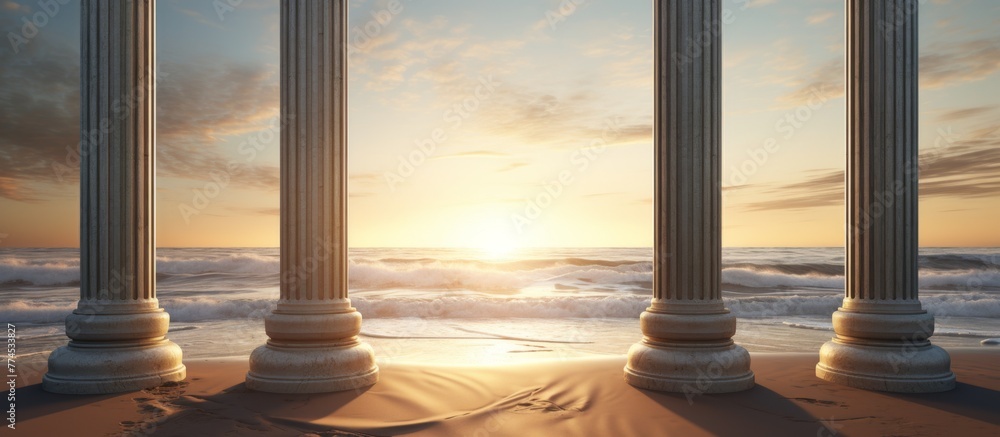 Three strong pillars standing tall on the sandy beach with the vibrant ...
