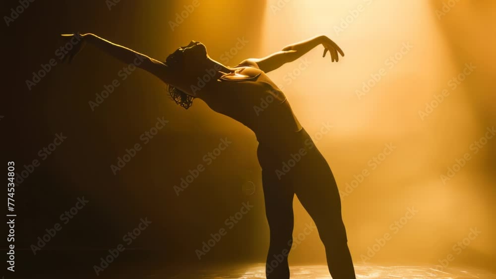 Silhouette of a woman dancing passionately amid three golden shimmering ...