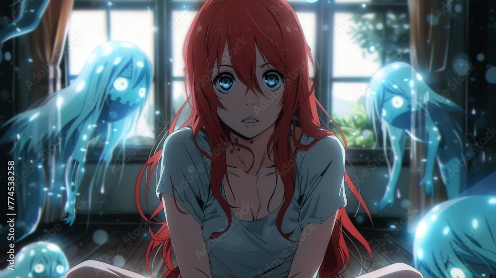 red-haired blue-eyed girl sits indoors, around her there are ghostly ...