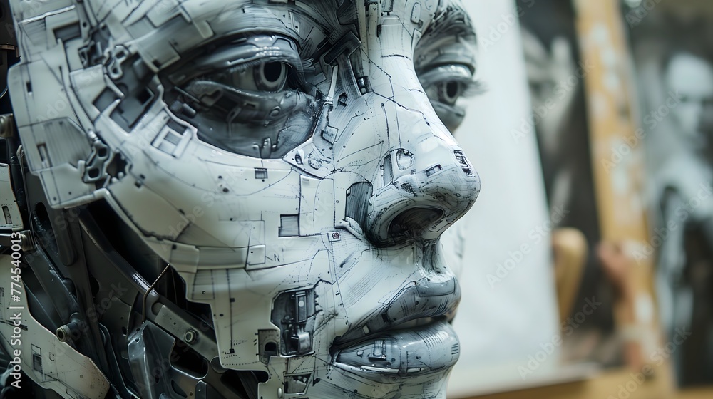 sketching a human portrait, harmonious blend of technology and artistry ...