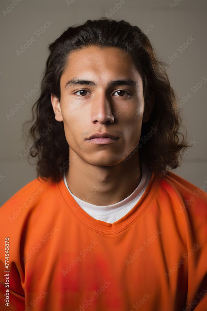 Mugshot of young Native American male prisoner in orange jumpsuit Stock ...