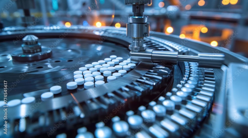 Automated pharmaceutical production line with capsules being filled ...