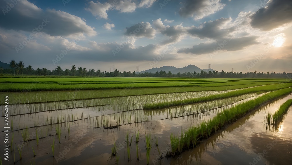 Fresh green rice plant in moist soil with natural irrigation system ...
