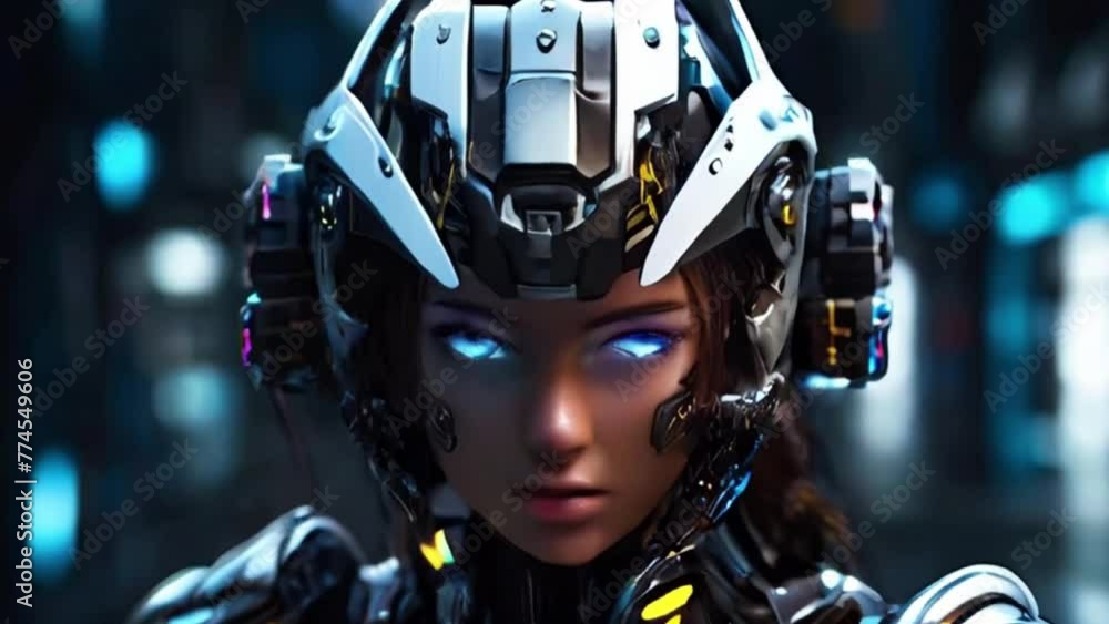 girl with blue glowing eyes in an elegant white and black cyborg armor ...