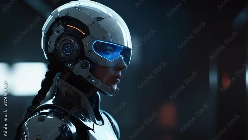 girl with blue glowing eyes in an elegant white and black cyborg armor ...