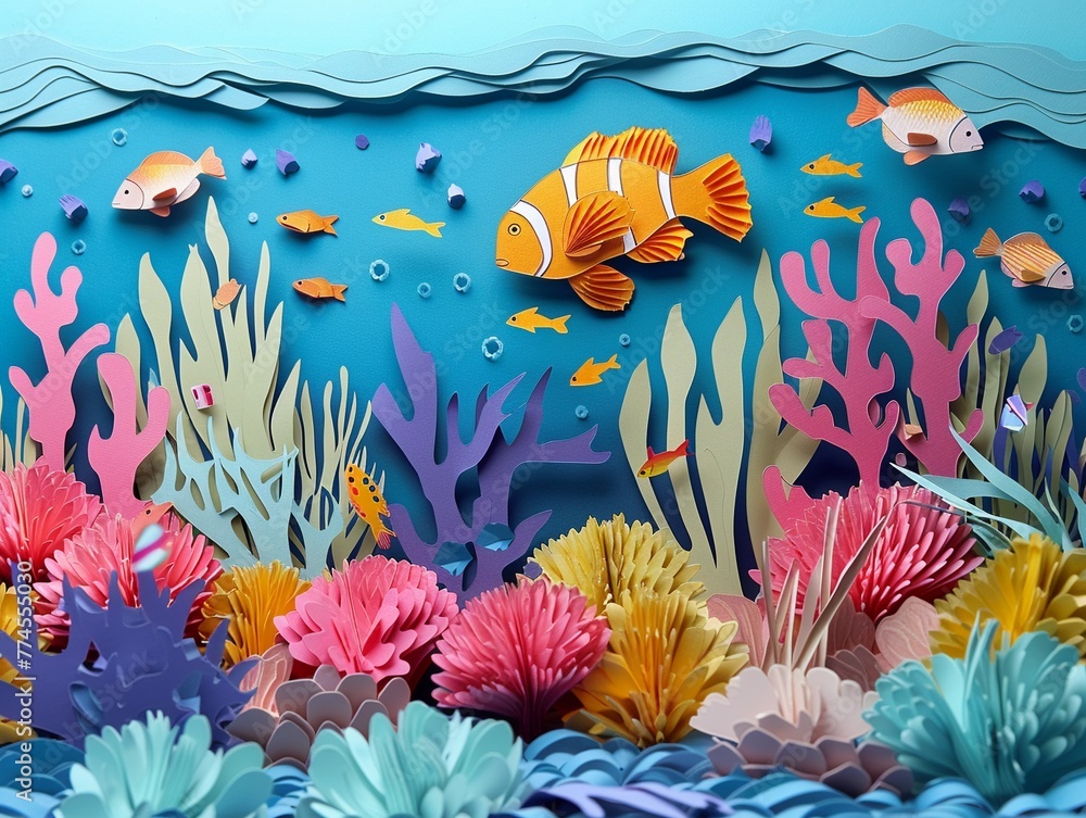 Craft a paper cut scene of the colorful coral reefs of the Great ...