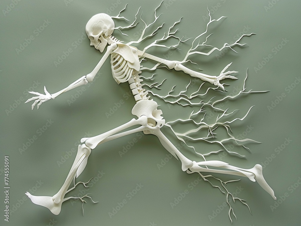 Produce a dynamic paper cut artwork featuring the skeletal system ...