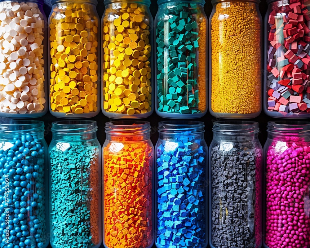 Industrial use of polymeric dye in plastics, with pigment granules ...