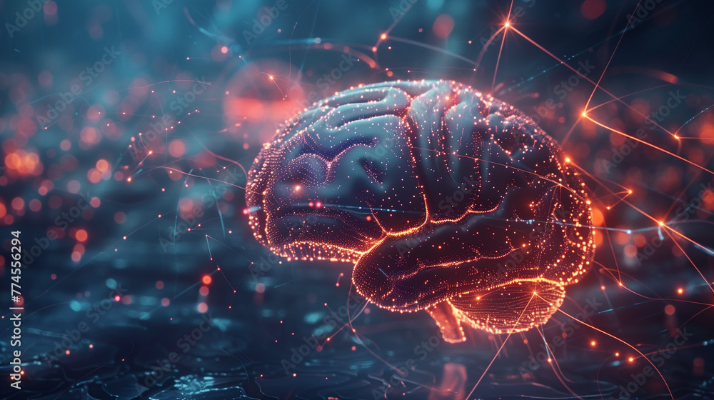 3D technological brain with lights, neural connections with synapses ...