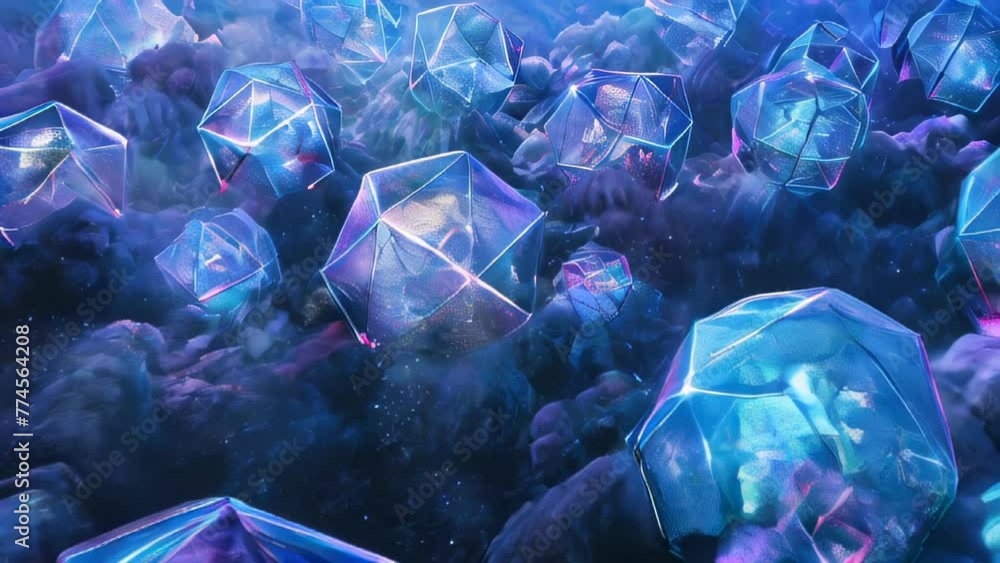 Neon-colored crystals of various shapes floating against a blue and ...