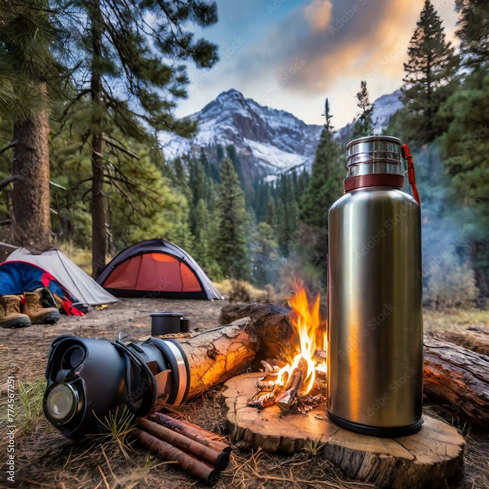 bottle of water.An outdoor adventure scene featuring a rugged vacuum ...