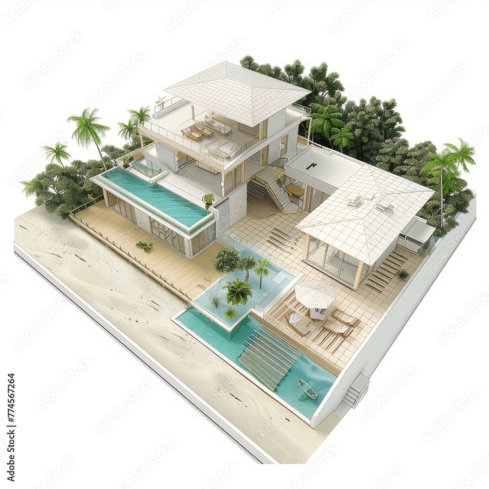 3D Render of a beachfront house positioned on an architectural ...
