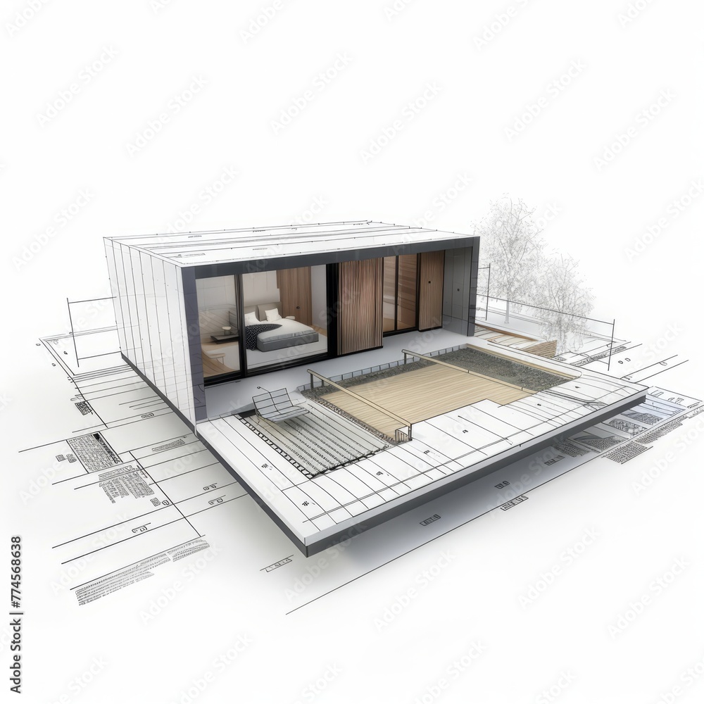 3D Render of a modular prefabricated home placed on an architectural ...