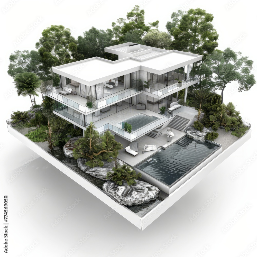 3D Render of a waterfront residence placed on an architectural plan ...