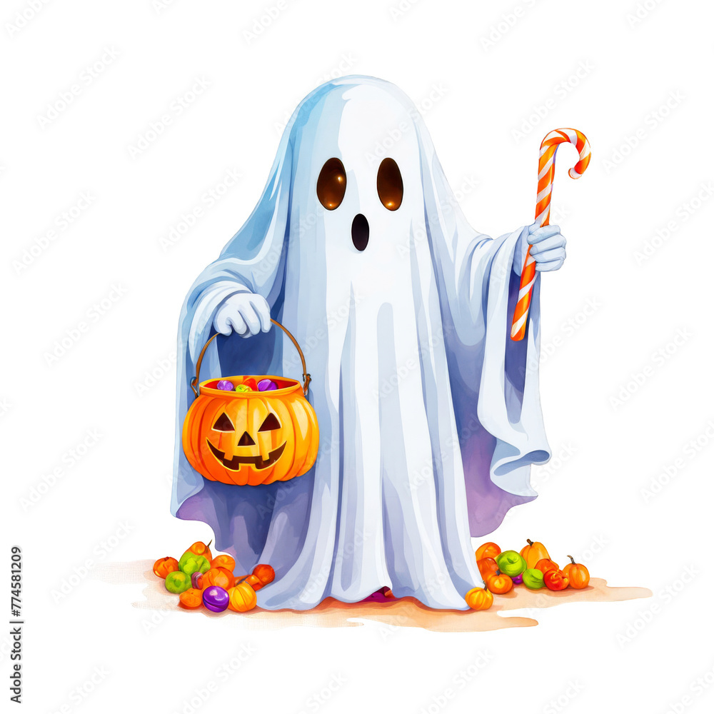 Ghost wearing white sheet with eye holes, trick or treat concept, with ...