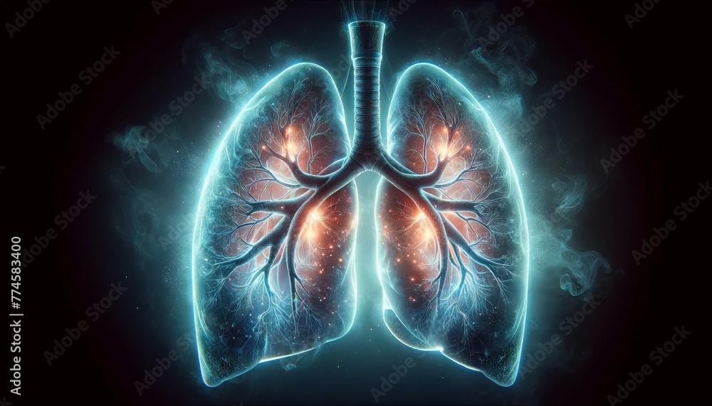 Poster A pair of human lungs glowing from within, highlighting the ...