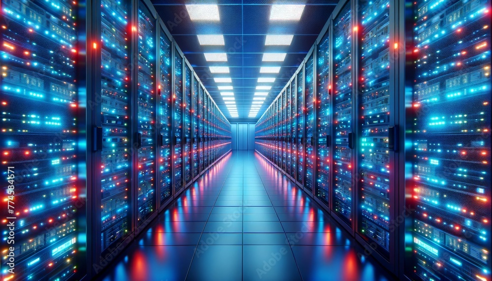 A server room with racks filled with computer servers with blue and red ...