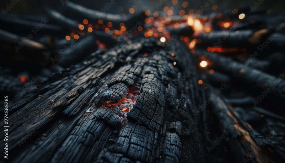 A close-up of charred wood texture from a recent forest fire, with ...