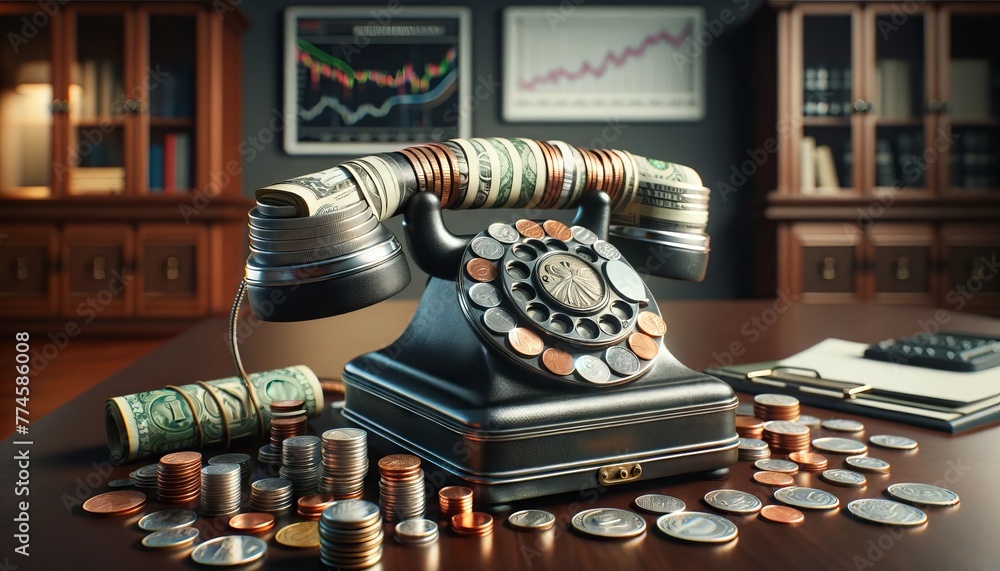 A vintage telephone where the dial pad is composed of various coins and ...