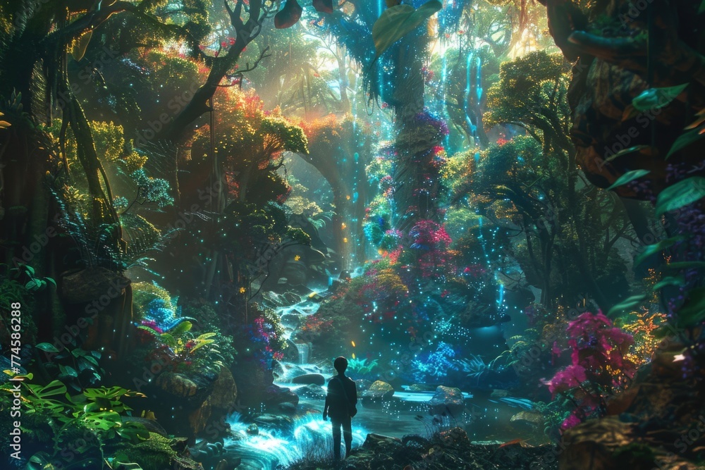 Magical jungle scene with a child observing glowing flora and mystical ...