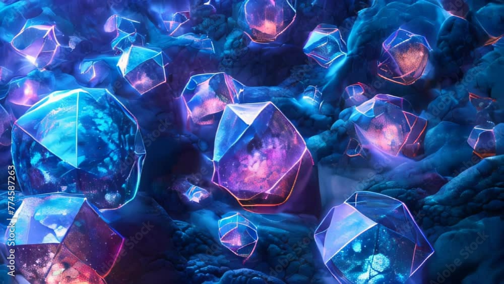 Neon-colored crystals of various shapes floating against a blue and ...