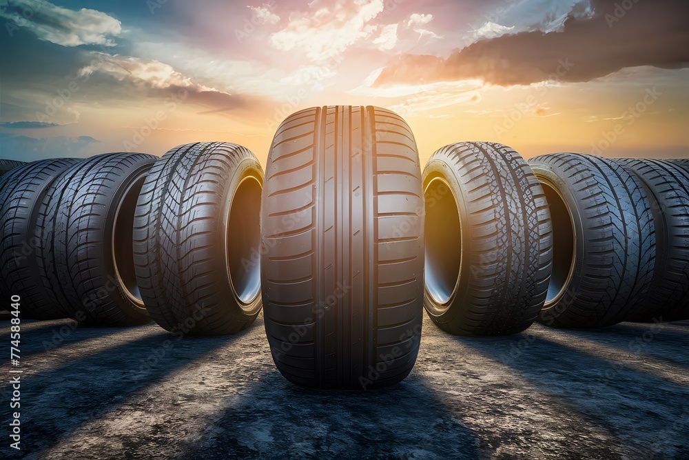 Row of tires with largest in front, automotive industry photo Stock ...