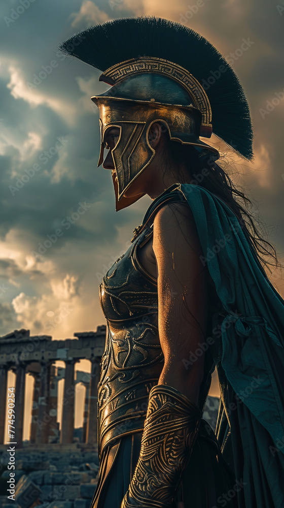 Athena, armor-clad warrior goddess, standing proudly in the Parthenon ...