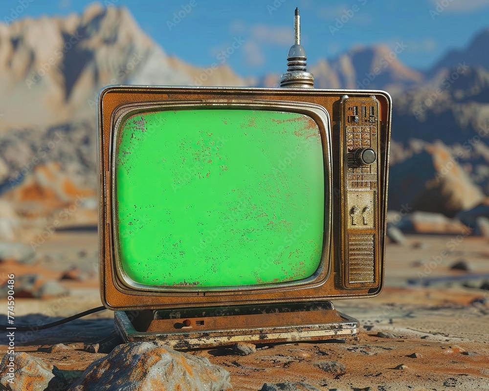 Old-fashioned television, vibrant green screen, on alien planet, retro ...