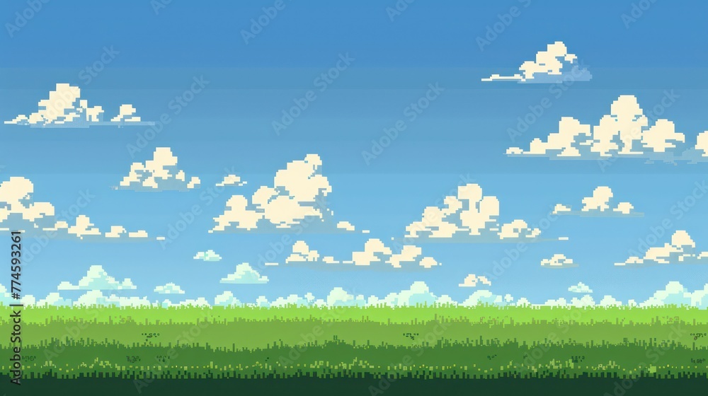 Pixel art game background featuring a blue sky with clouds, a green ...