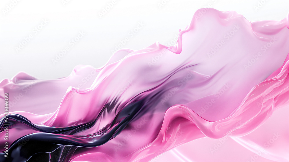 3D render Pastel pink and black liquid flowing in the air on a white ...
