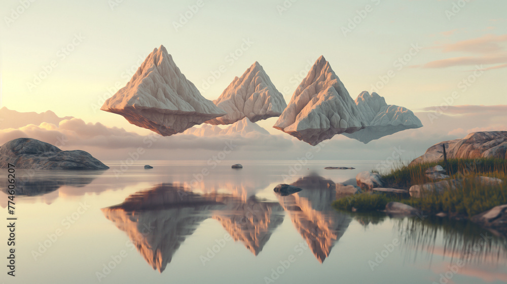 3D render of a surreal landscape with floating mountains, smooth and ...