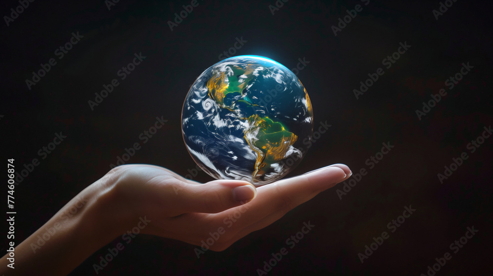 Levitating planet earth over female white skin beautiful hand , with ...