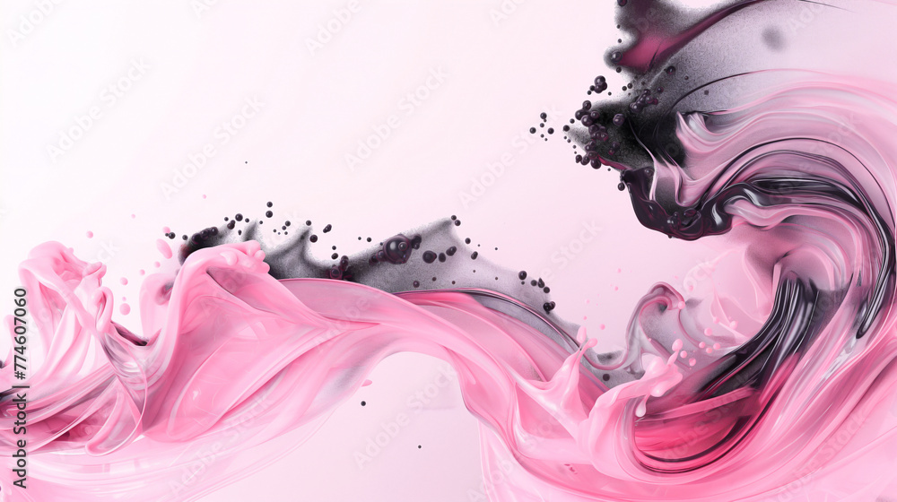 3D render Pastel pink and black liquid flowing in the air on a white ...