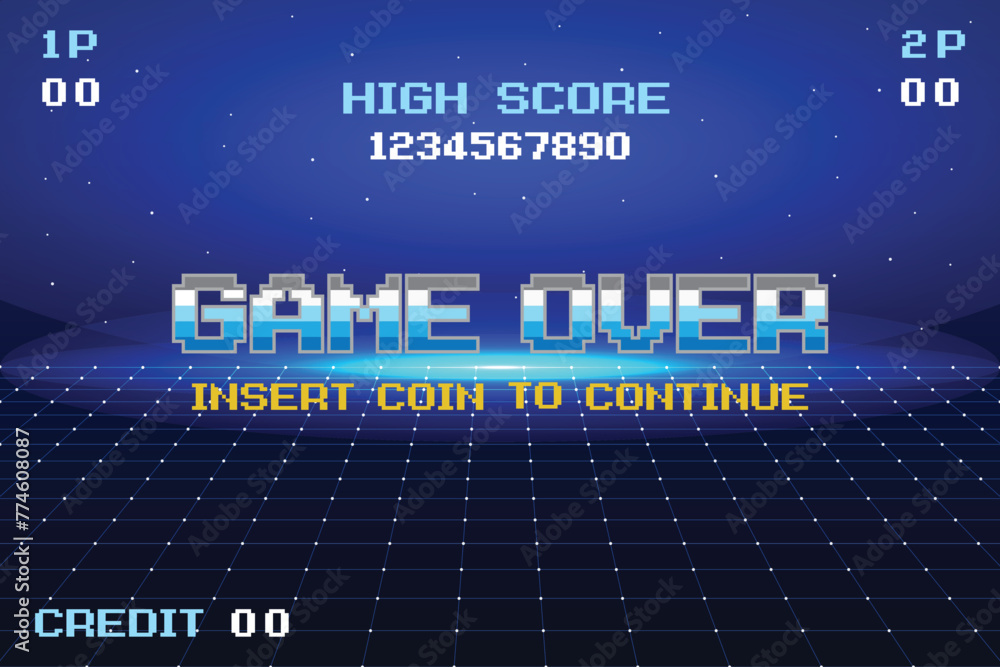 GAME OVER INSERT A COIN TO CONTINUE .pixel art .8 bit game. Perspective ...