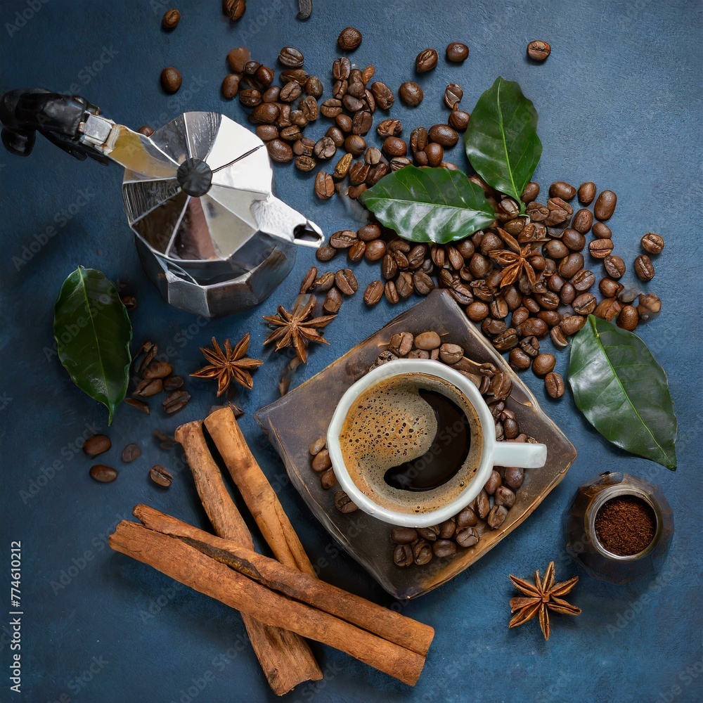 An elegant coffee setup captured from the top view, featuring aromatic ...