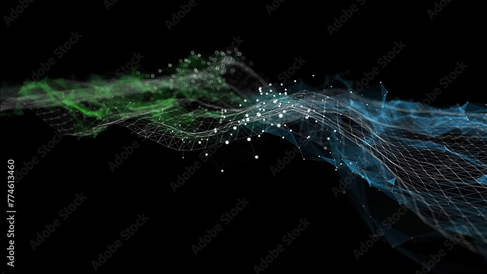 Abstract background color graph wireframe from circles and noisy lines on dark. Technology ...