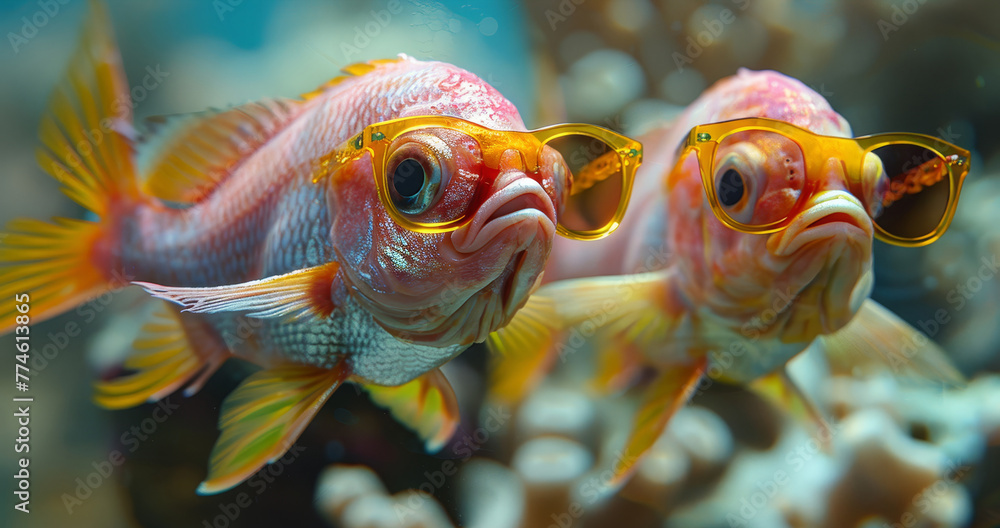 A close-up photo of two goldfish wearing sunglasses on their heads and ...