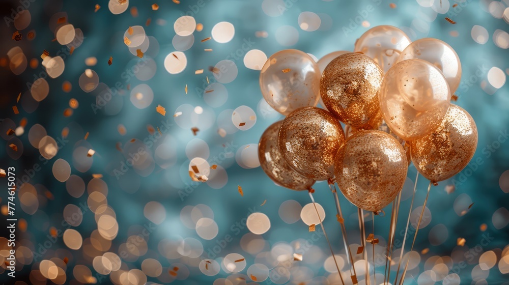 Gold balloons with gold confetti float gracefully in the air, casting a ...